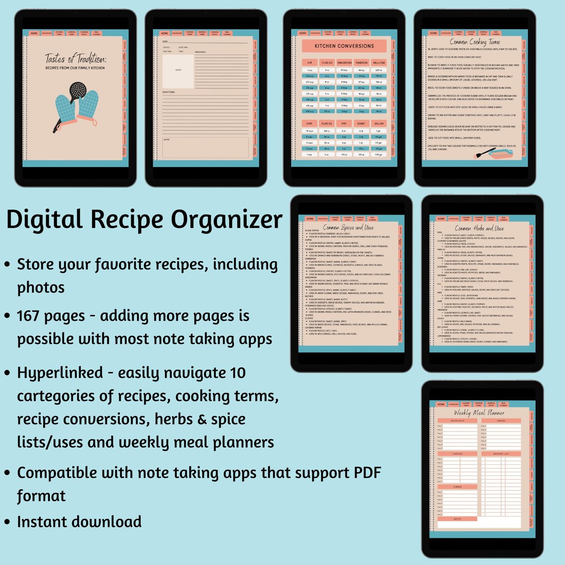 Digital Recipe Organizer, Digital Cookbook, Meal Planner, Goodnotes ...
