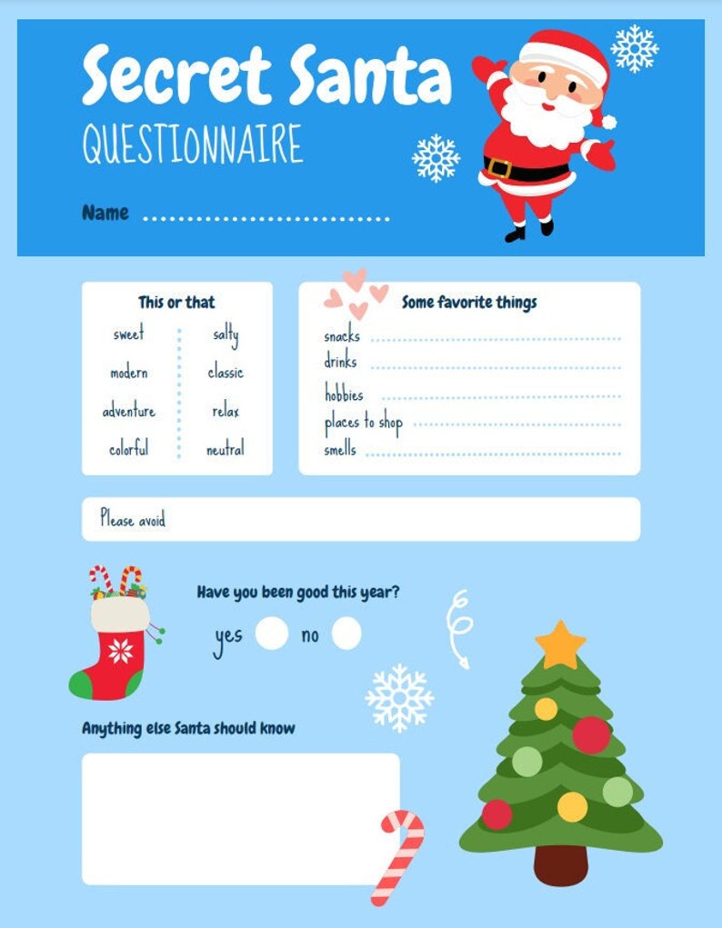 Printable Secret Santa Questionaire - Customizable - Etsy