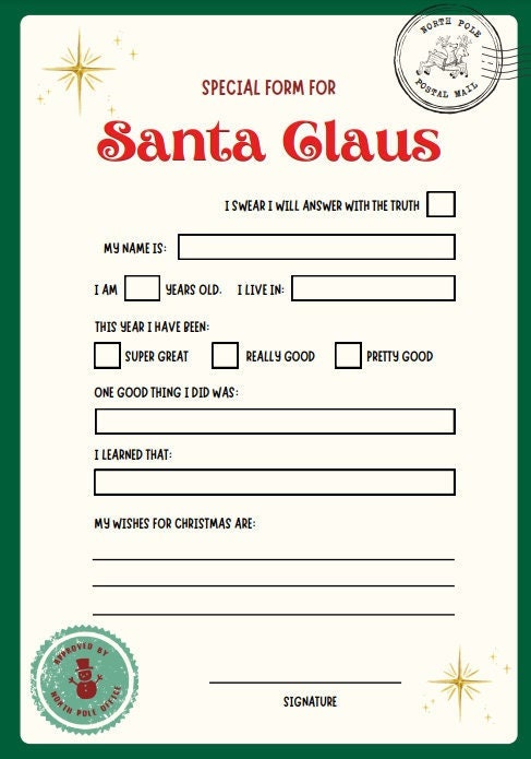 Printable Form for Santa, Holiday Survey - Etsy