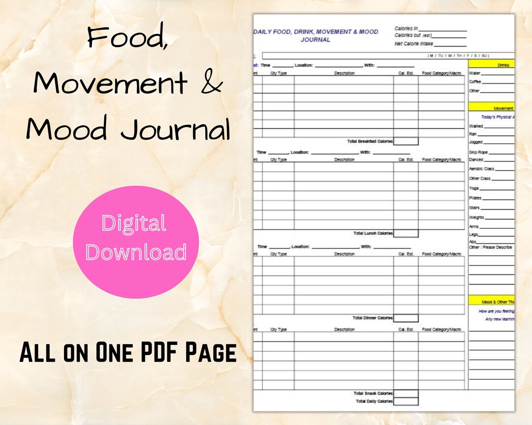 Daily Food, Drink, Movement & Mood Journal, Printable , Weekly Food ...
