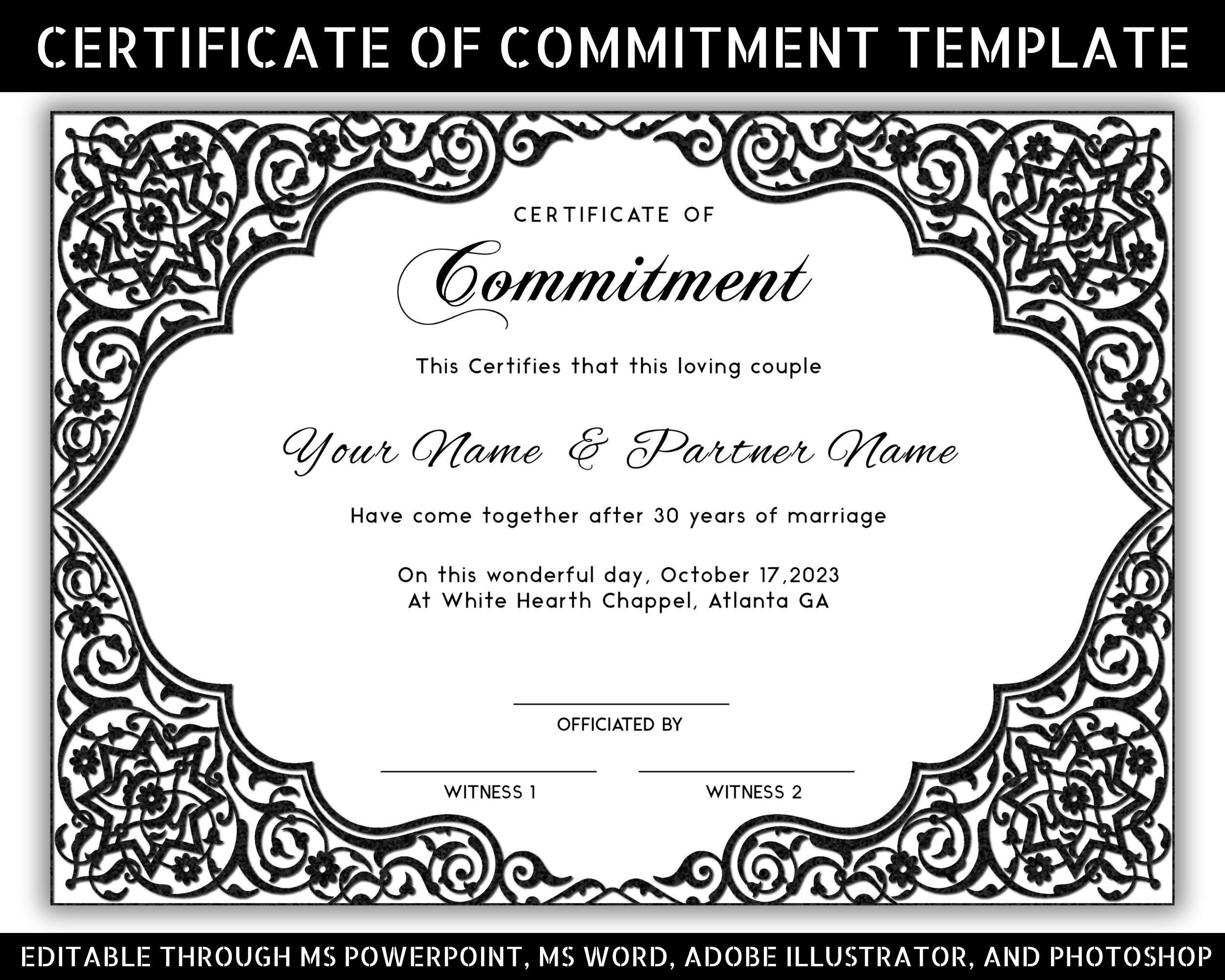 Editable Wedding Certificate of Commitment, Commitment Ceremony ...