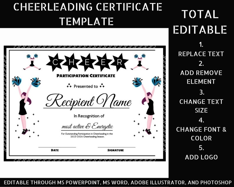 Cheerleading Certificate and Coach Certification, Editable Printables ...