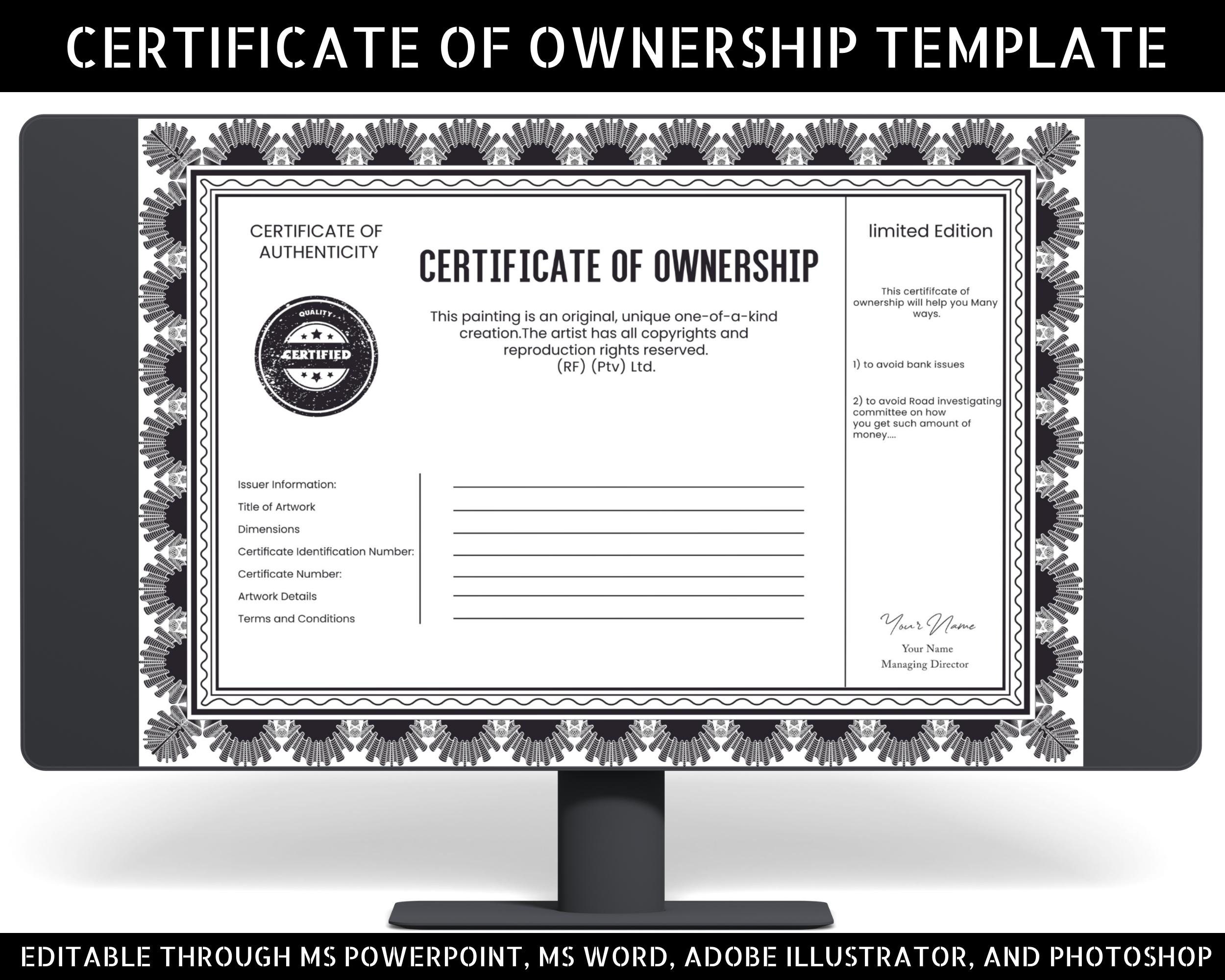 Printable Certificate of Ownership Template (US Letter & A4) - Etsy
