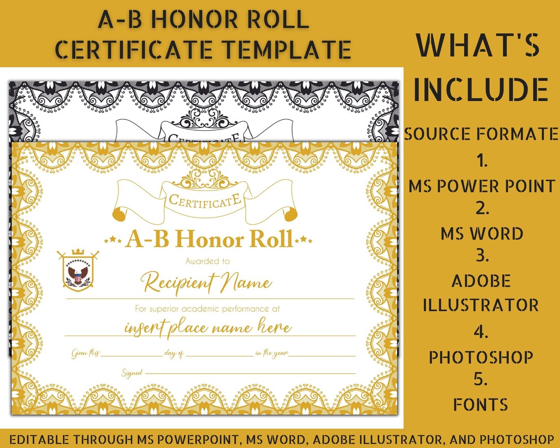 AB Honor Roll Certificate Template: Black & Gold (printable Editable ...