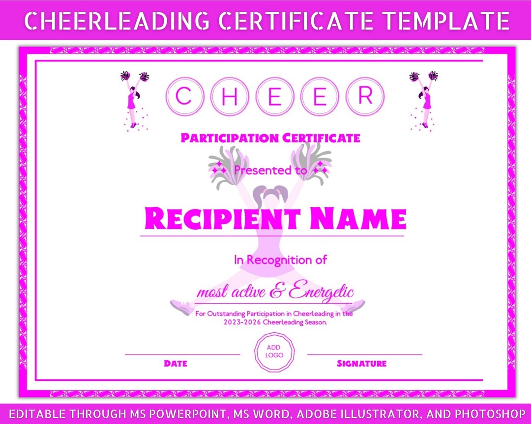 Cheer Certificate Template Pink, Cheerleader Certificates, Cheerleading ...