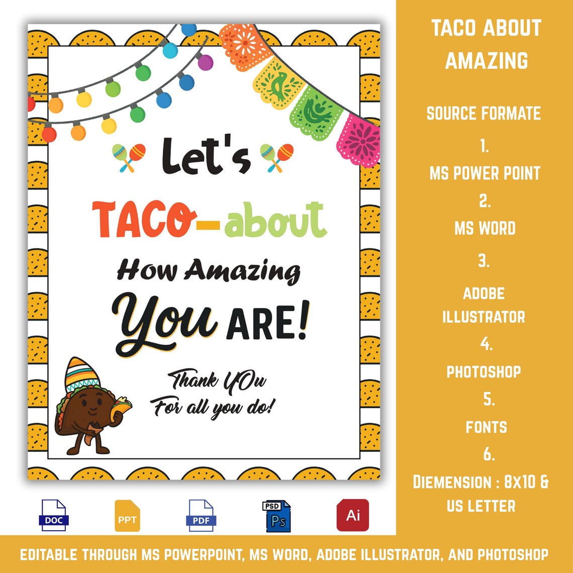 Editable Taco Appreciation Sign: Fiesta Theme, Printable 8x10 & Letter ...