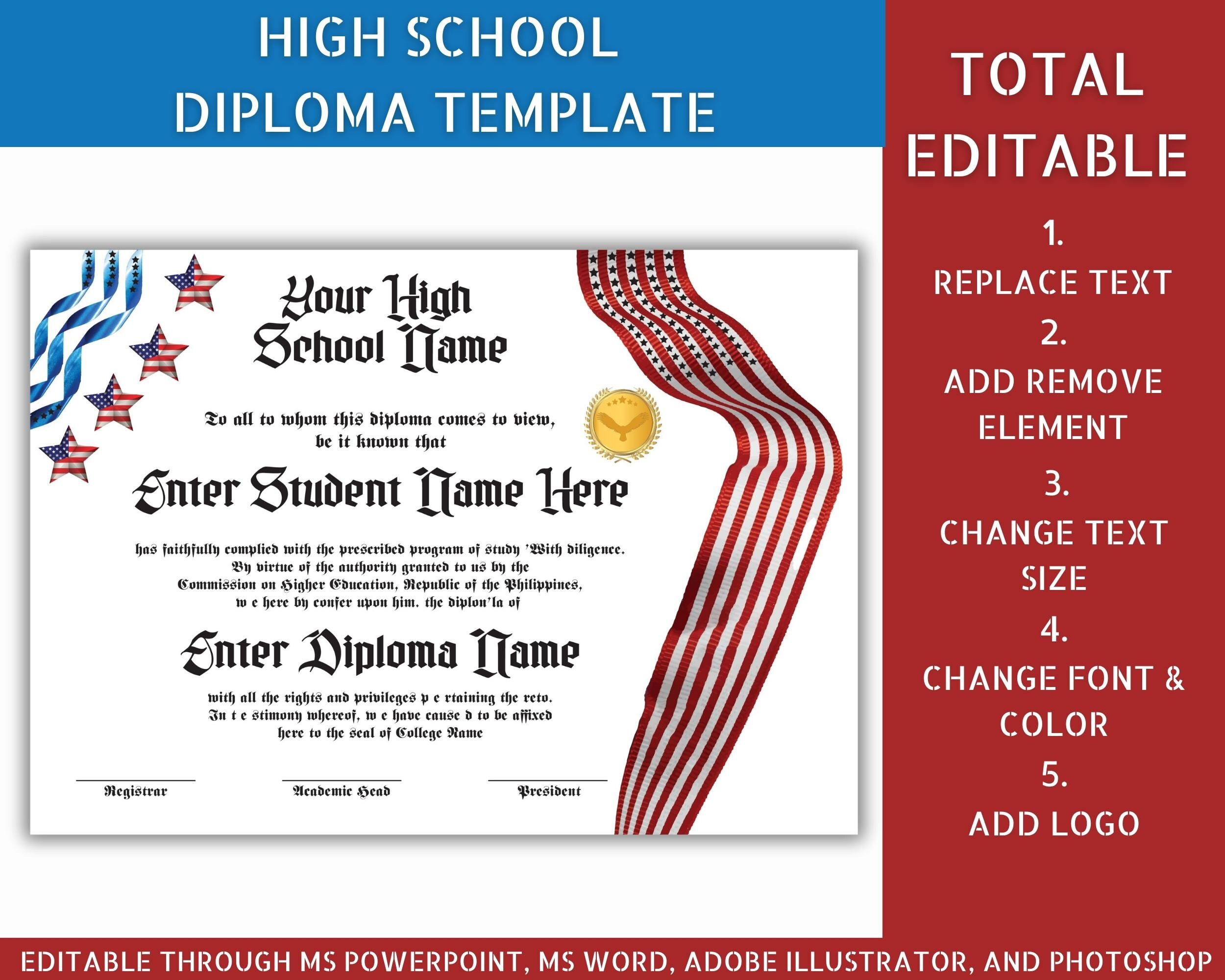 Editable High School Diploma, Fake Home School Diploma Template ...