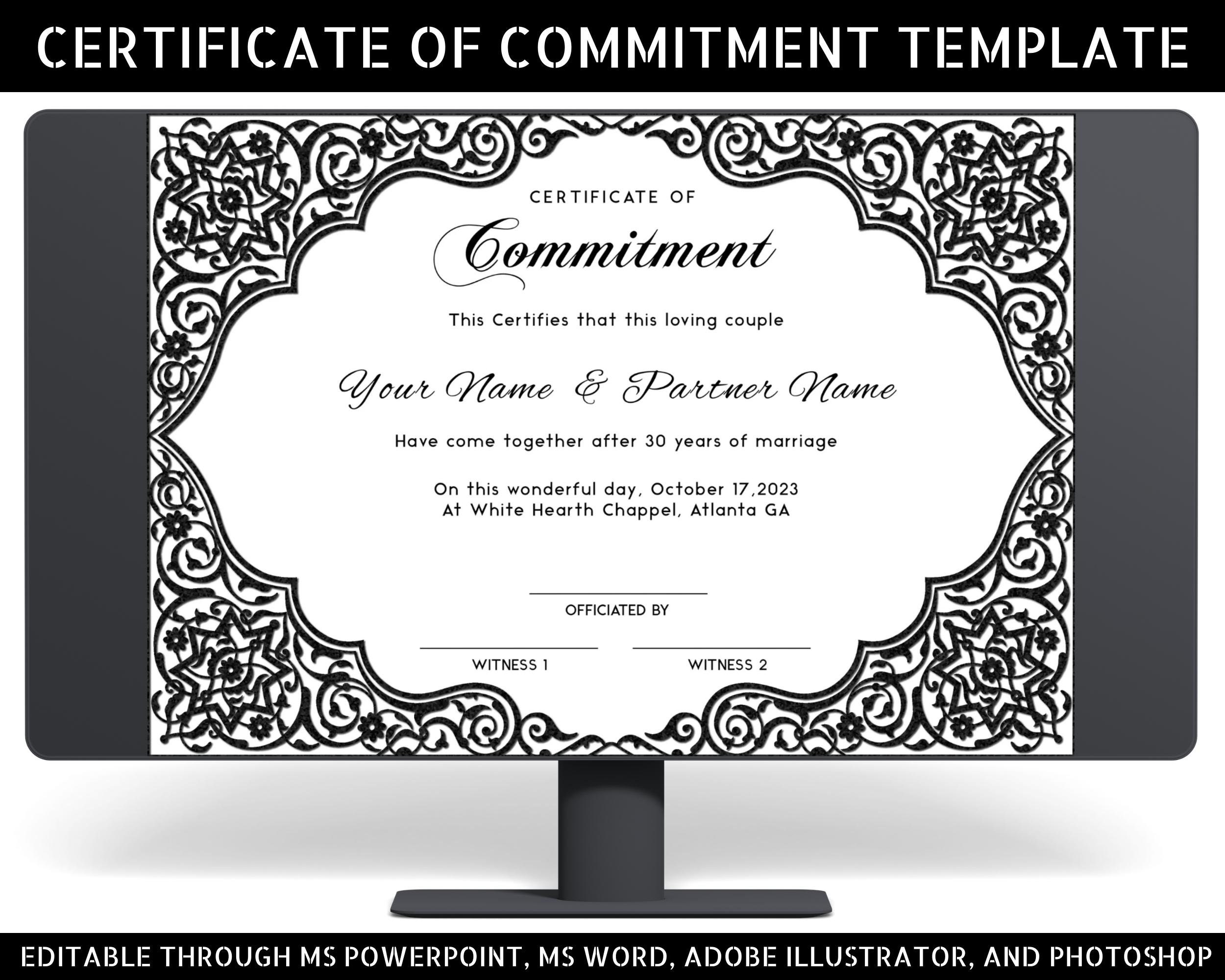 Editable Wedding Certificate of Commitment, Commitment Ceremony Certificate, Commitment ...