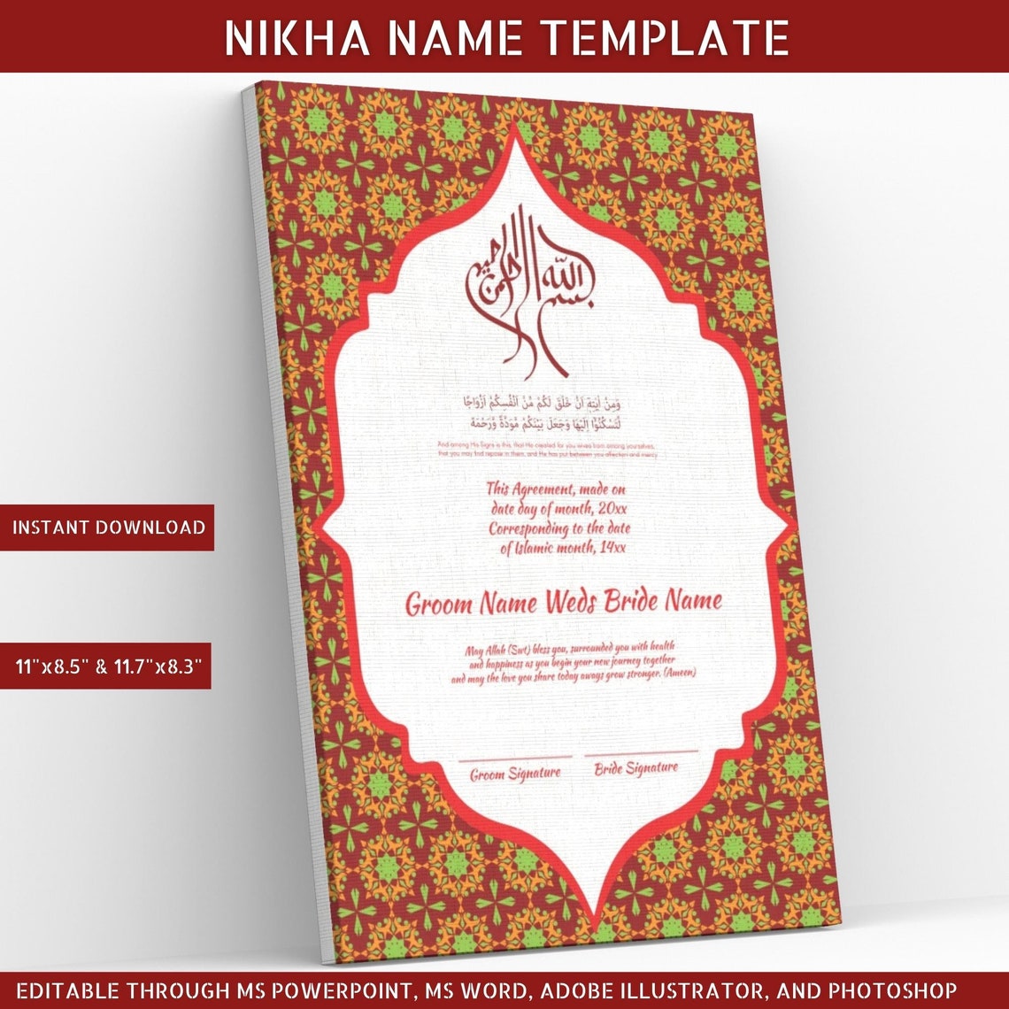 Editable Nikah Nama Template: Islamic Wedding Contract (digital ...