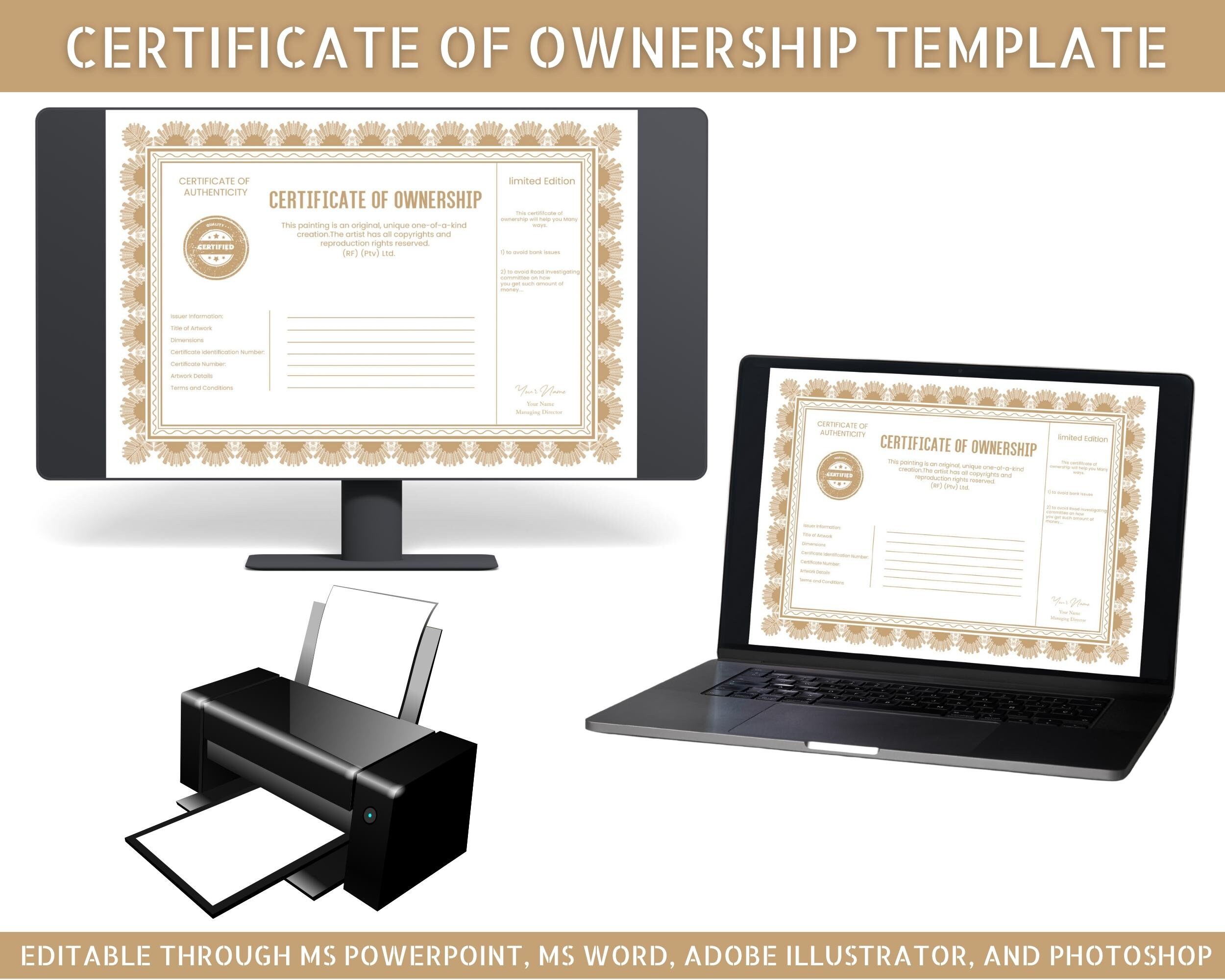 Customizable Certificate of Ownership, Transfer of Title, Fractional ...