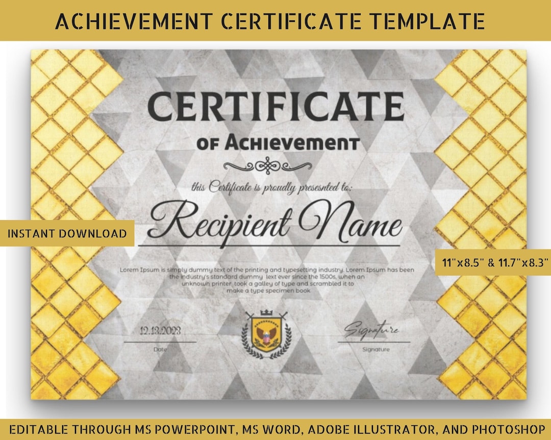 Editable Achievement Certificate Template, Certificate of Achievement ...