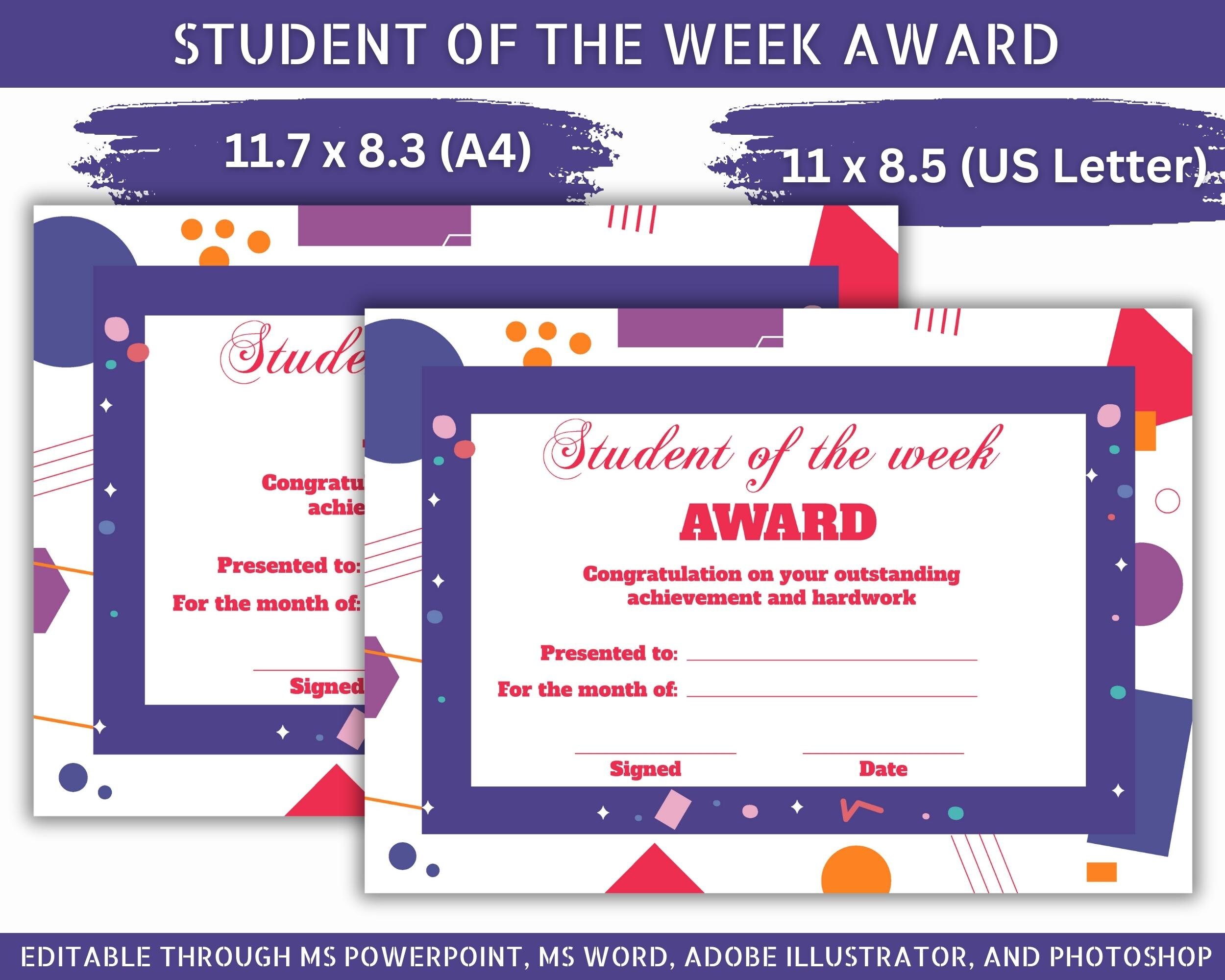 Editable Student of the Week Award Template (digital Download) - Etsy