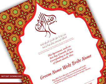 Nikkah Contract, Nikah Nama, Customized Muslim Marriage Certificate ...