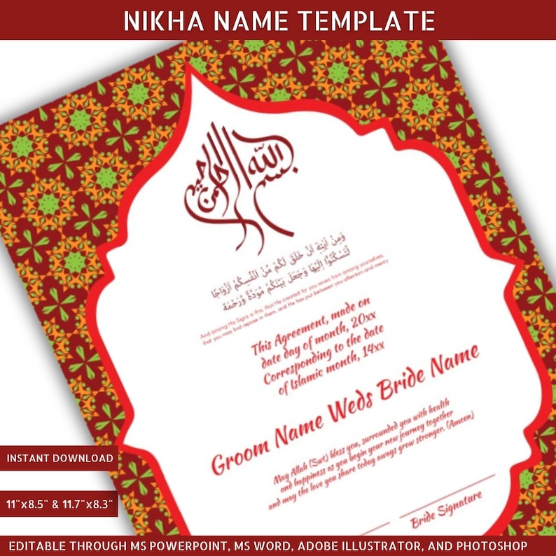 Editable Nikah Nama Template: Islamic Wedding Contract (digital ...