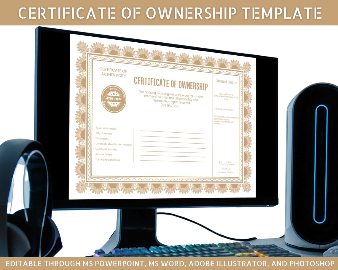 Customizable Certificate of Ownership, Transfer of Title, Fractional ...
