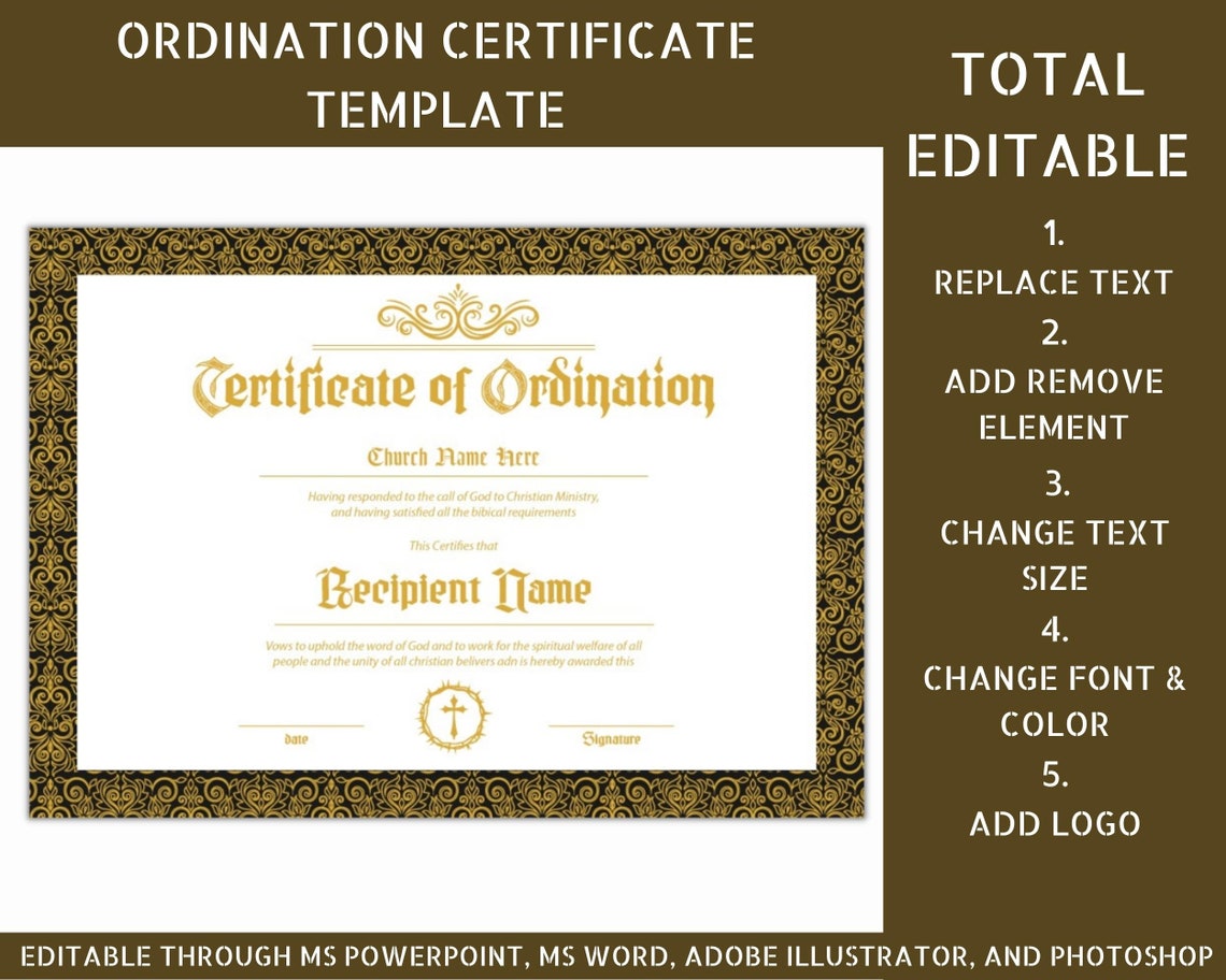 Editable Certificate of Ordination, Ordination Certificate Template ...