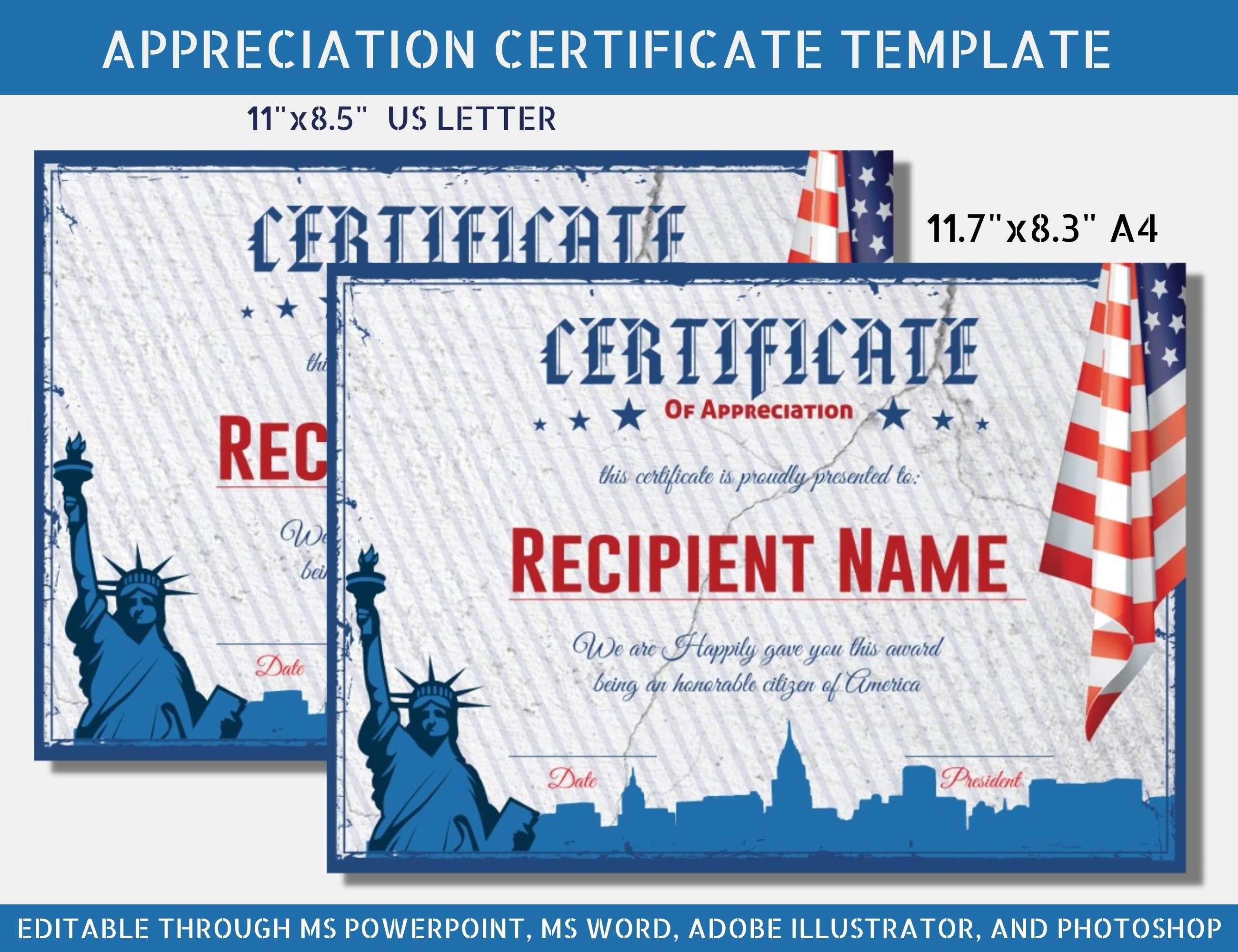 American Appreciation Certificate Template: Patriotic Design (digital ...