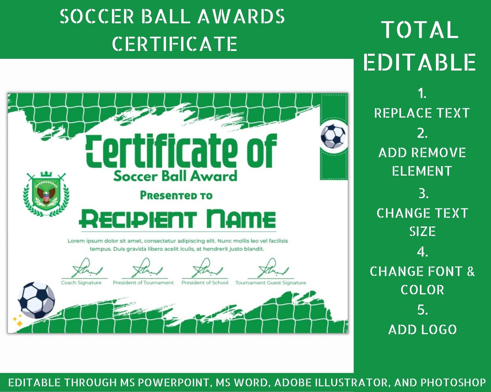 Editable Soccer Award Certificate Template, Soccer Certificate ...