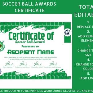 Editable Soccer Award Certificate Template, Soccer Certificate ...