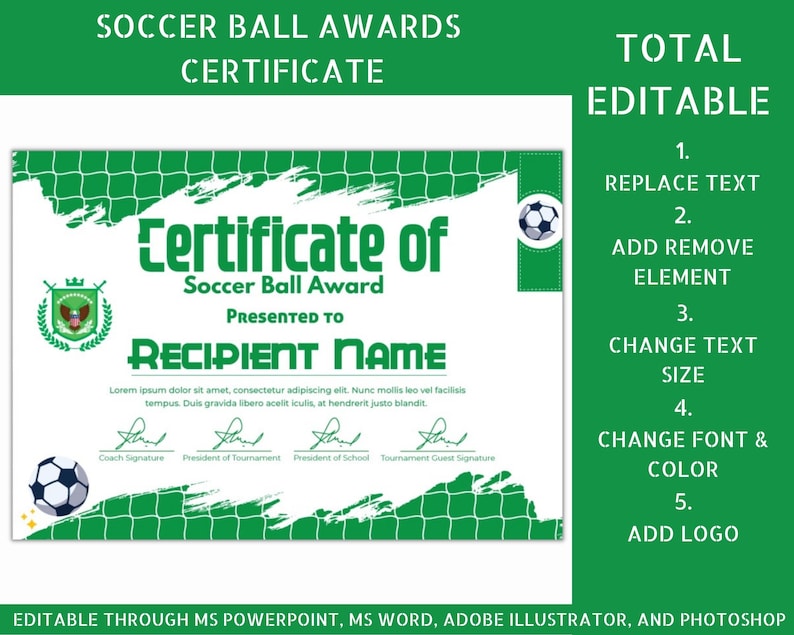Editable Soccer Award Certificate Template, Soccer Certificate ...