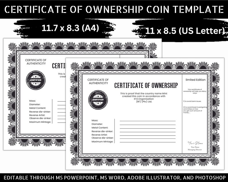 Coin Certificate of Ownership Template (digital Download) - Etsy