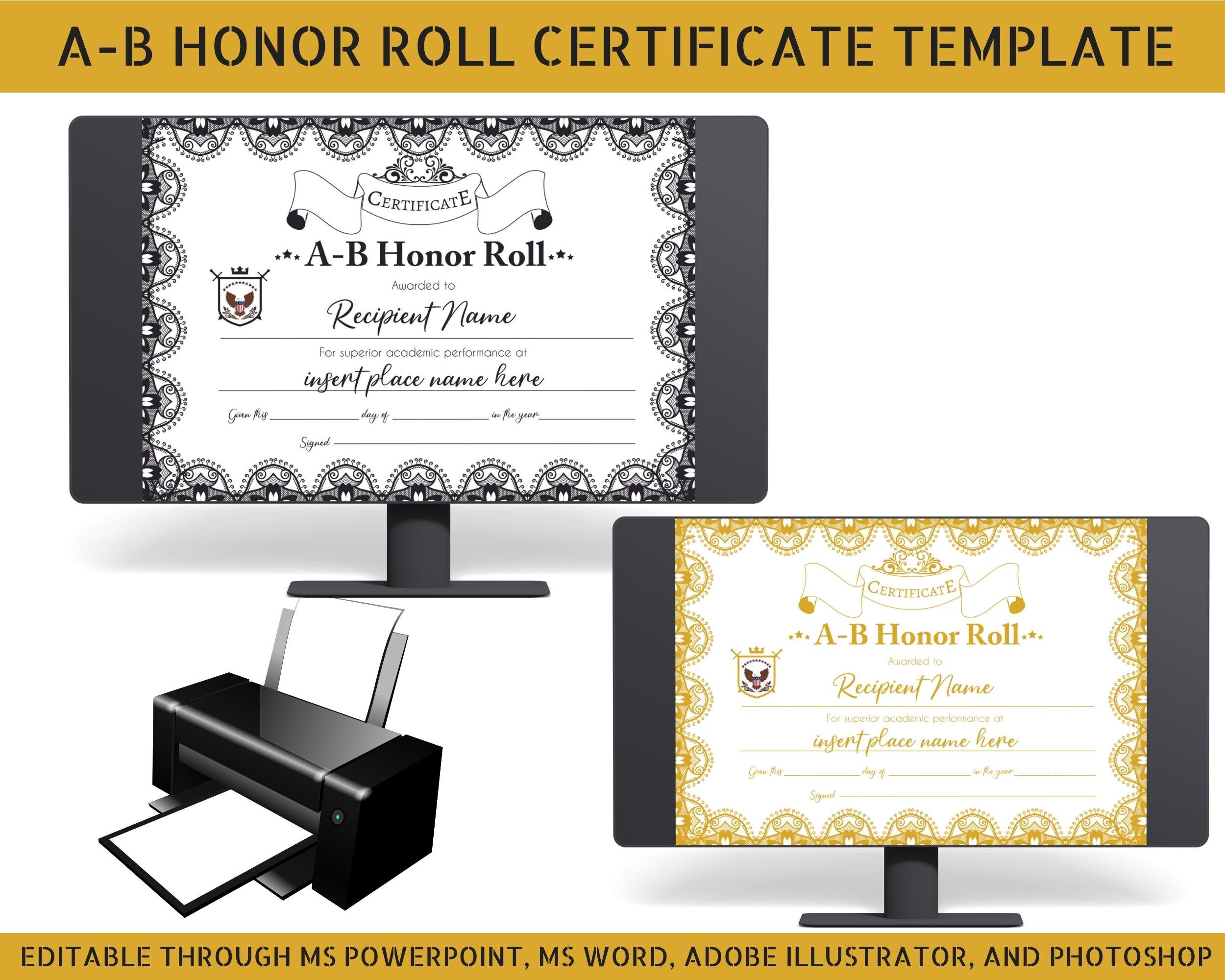 AB Honor Roll Certificate Template: Black & Gold (printable Editable ...