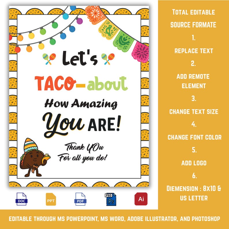 Editable Taco Appreciation Sign: Fiesta Theme, Printable 8x10 & Letter ...
