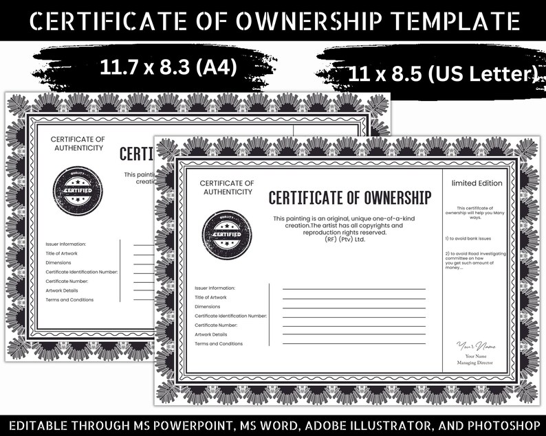 Printable Certificate of Ownership Template (US Letter & A4) - Etsy