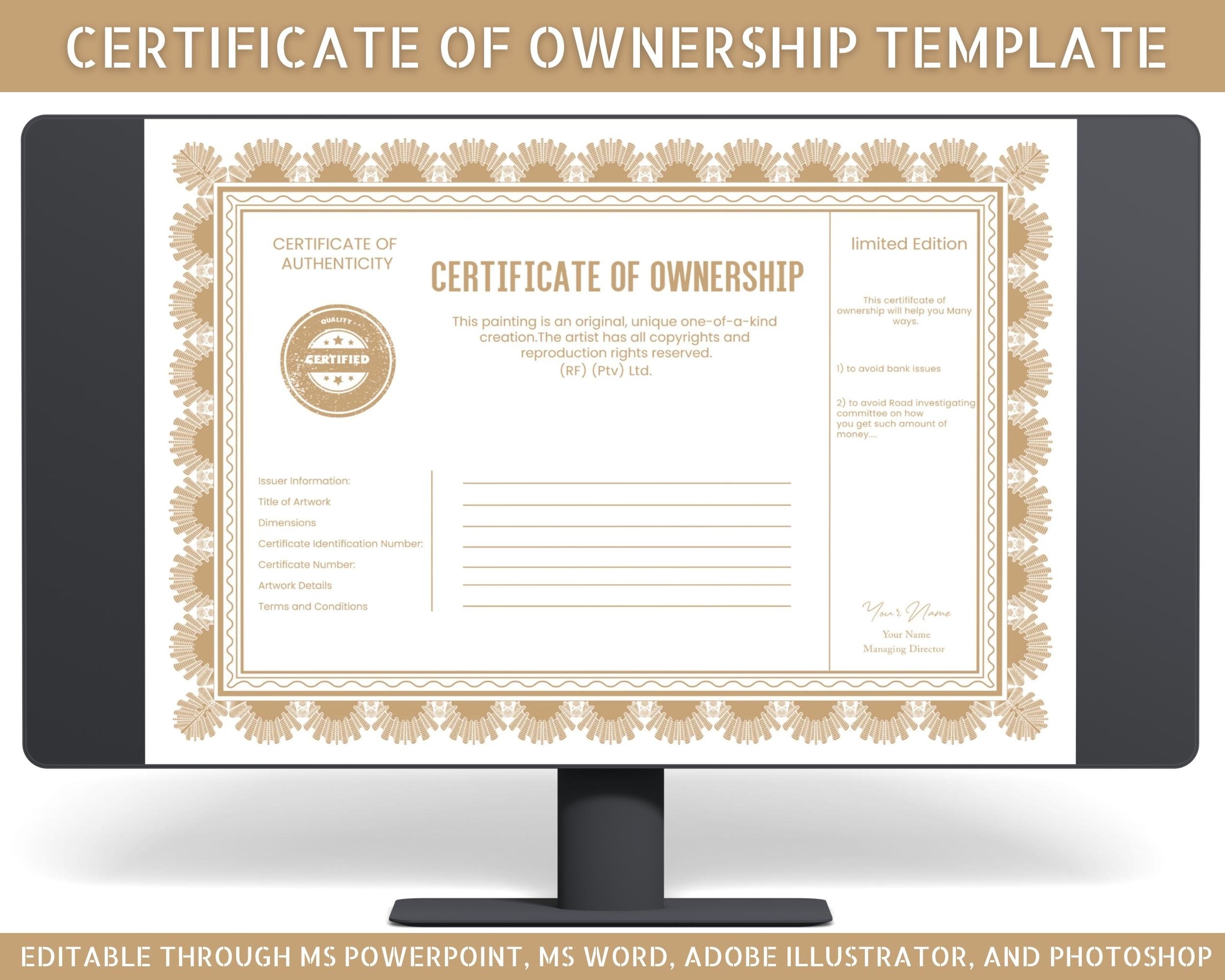 Customizable Certificate of Ownership, Transfer of Title, Fractional ...