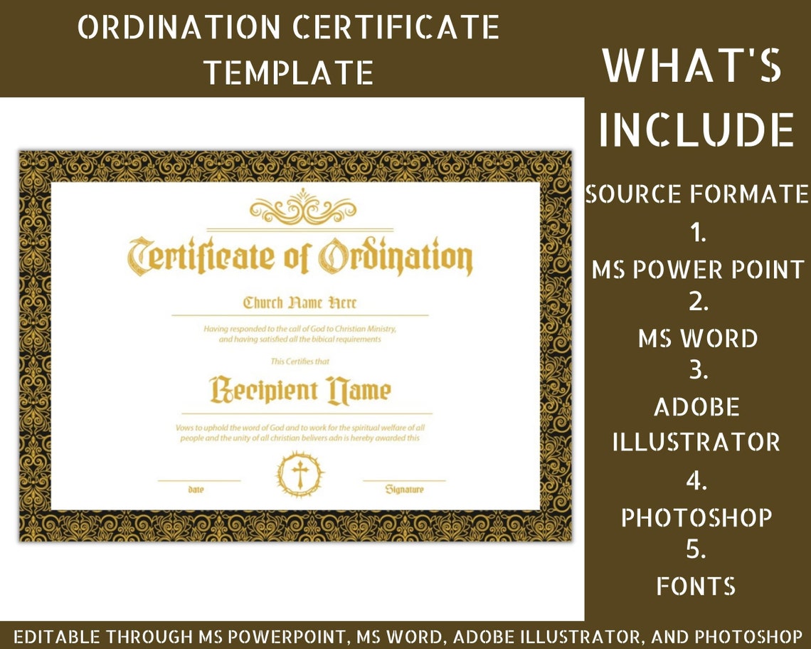 Editable Certificate of Ordination, Ordination Certificate Template ...