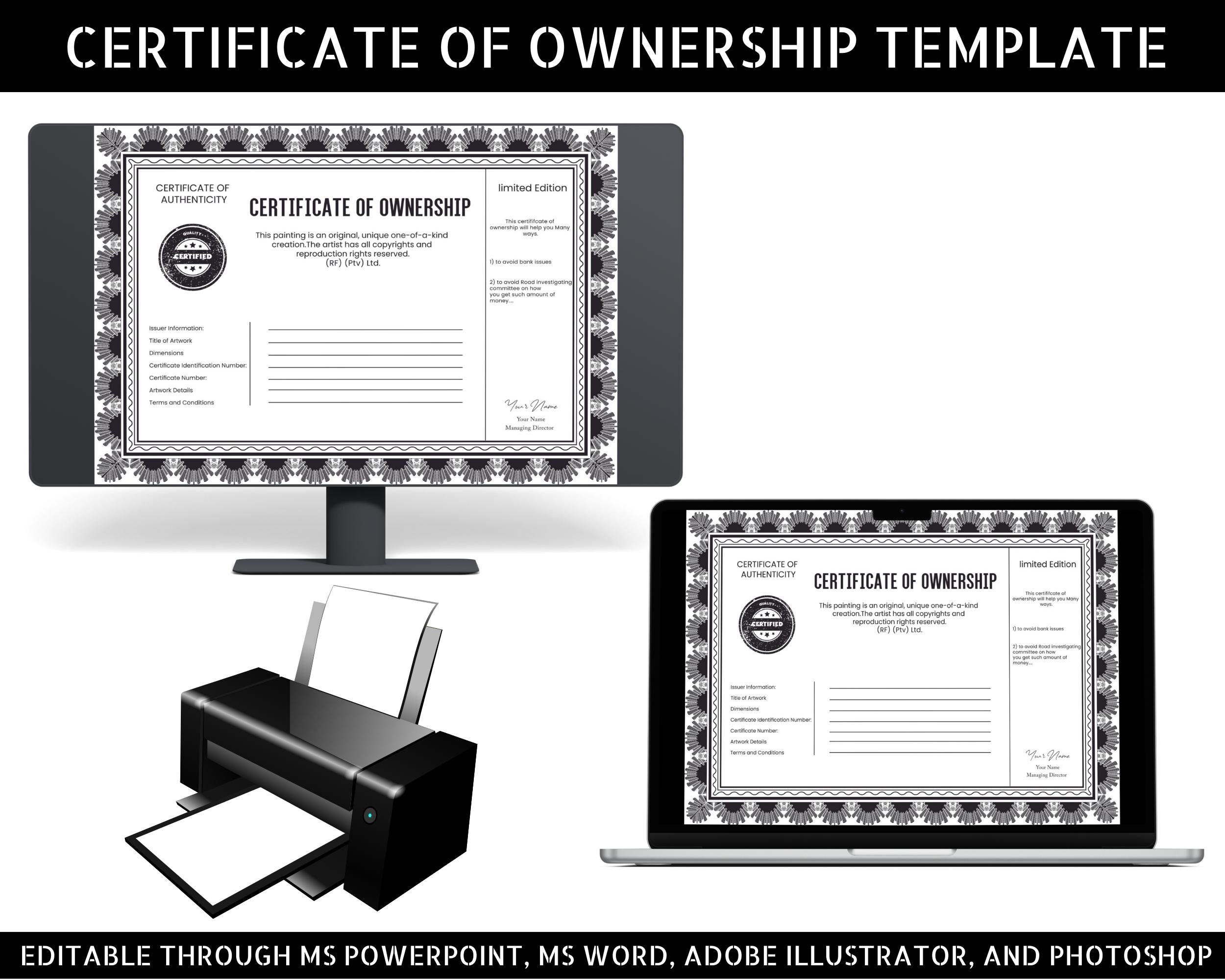 Printable Certificate of Ownership Template (US Letter & A4) - Etsy