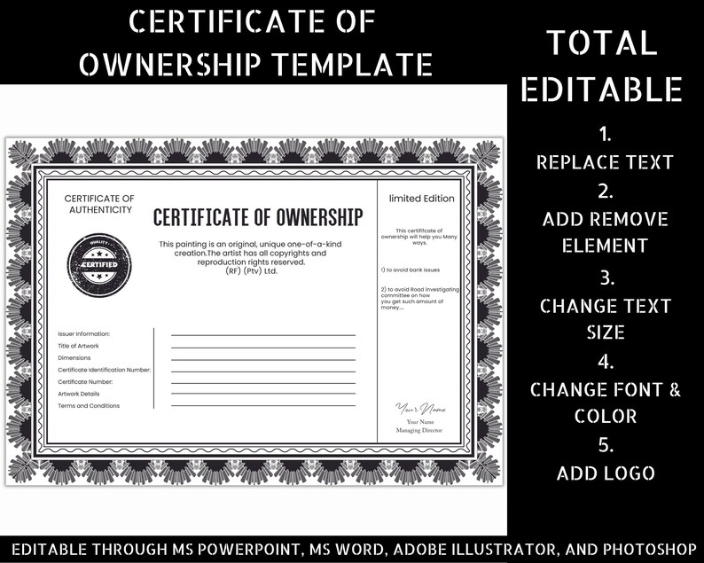 Printable Certificate of Ownership Template (US Letter & A4) - Etsy