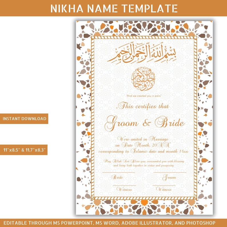 Nikkah Nama Certificate Digital Download, Custom Nikkah Nama, Islamic ...