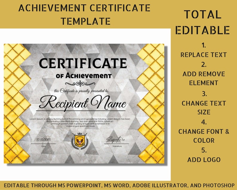 Editable Achievement Certificate Template, Certificate of Achievement ...