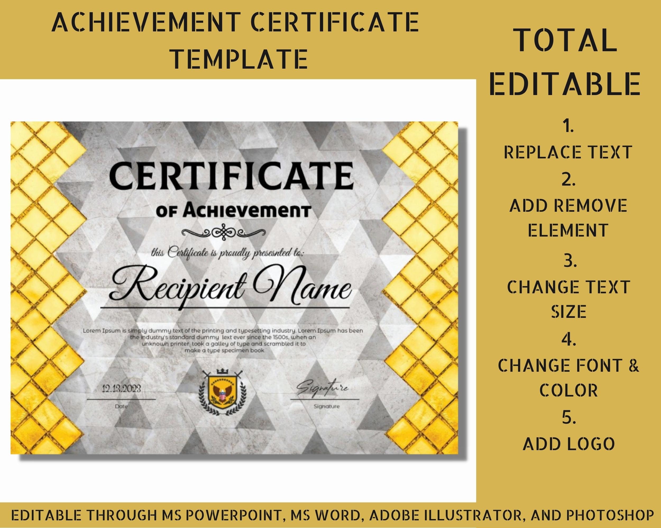 Editable Achievement Certificate Template, Certificate of Achievement ...