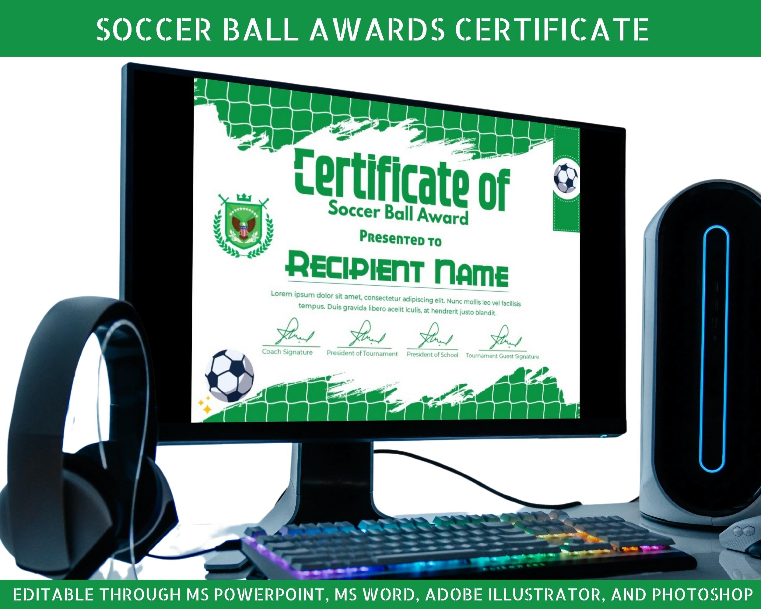 Editable Soccer Award Certificate Template, Soccer Certificate ...