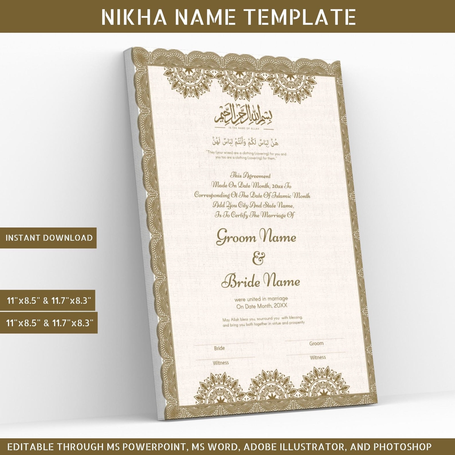 Nikah Nama Template, Custom Nikkah Nama, Islamic Wedding Contract ...