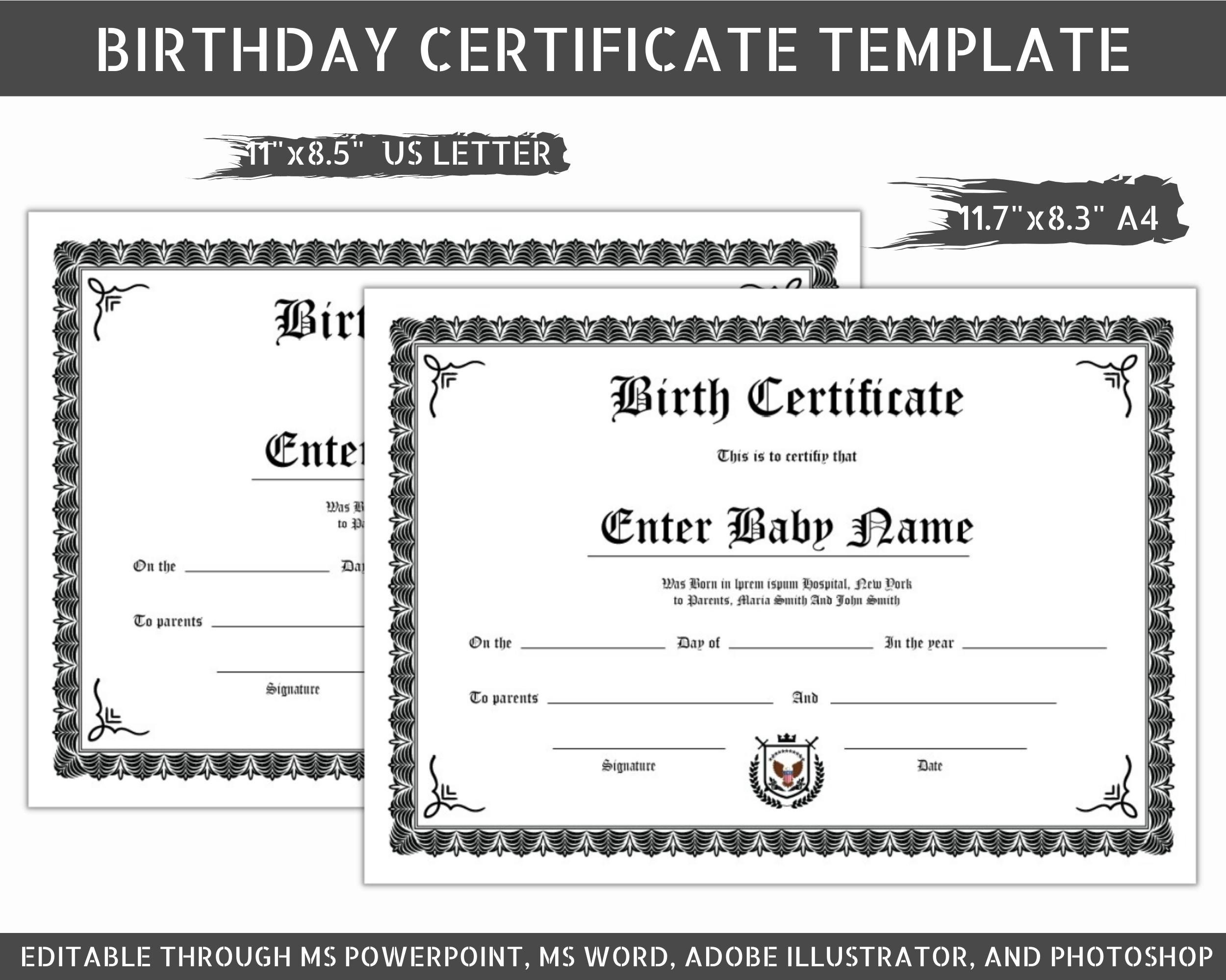 Minimalist Birth Certificate Template: Printable Birthday Award ...