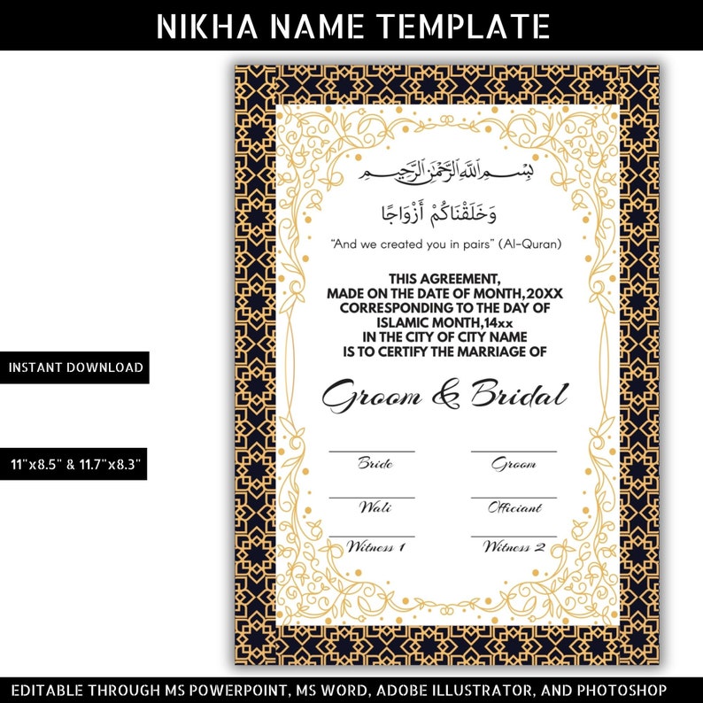 Custom Nikah Nama Template: Editable Islamic Wedding Contract (digital Download) - Etsy