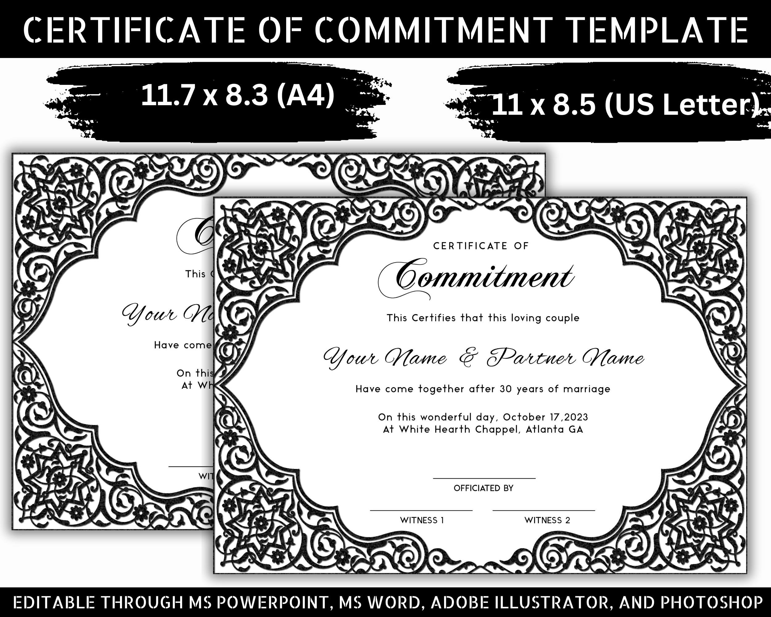 Editable Wedding Certificate of Commitment, Commitment Ceremony ...