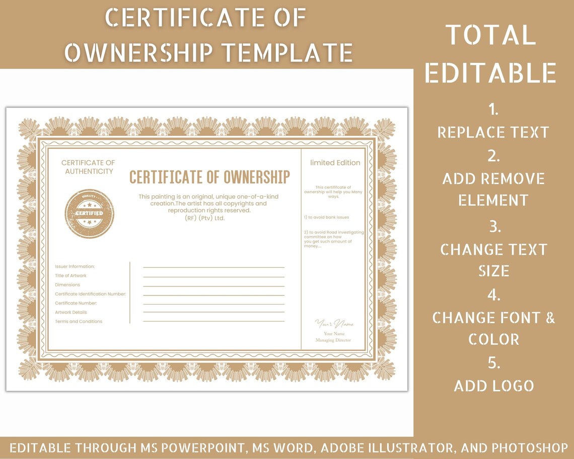 Customizable Certificate of Ownership, Transfer of Title, Fractional ...