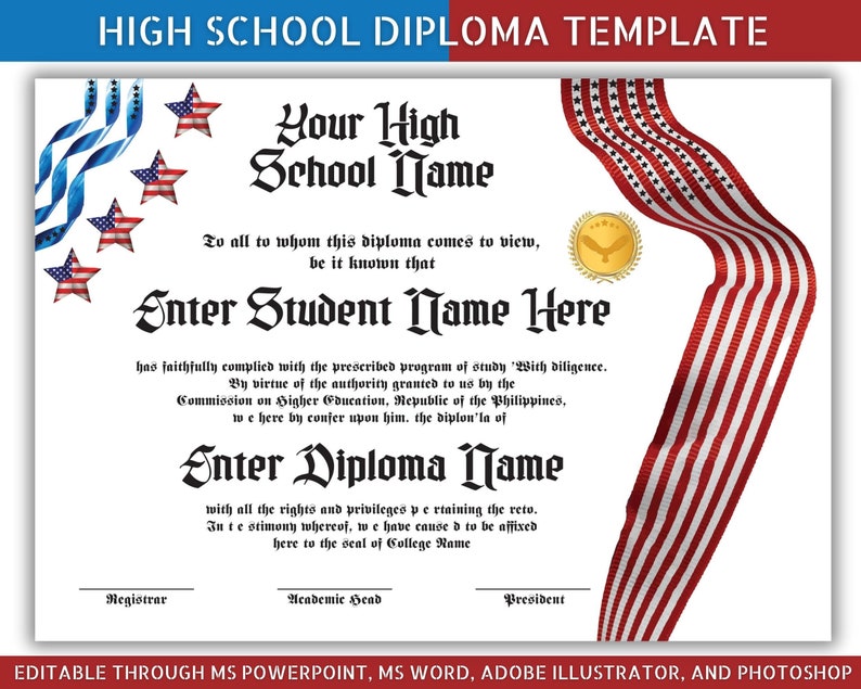 Editable High School Diploma Template: Graduation Keepsake (digital ...