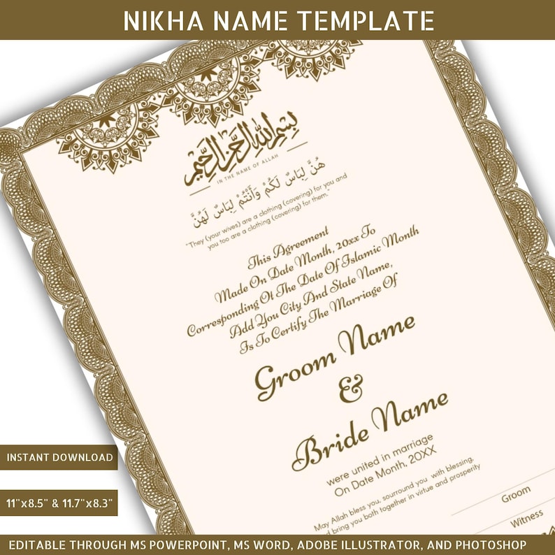 Custom Nikah Nama Template: Islamic Wedding Contract (digital Download ...