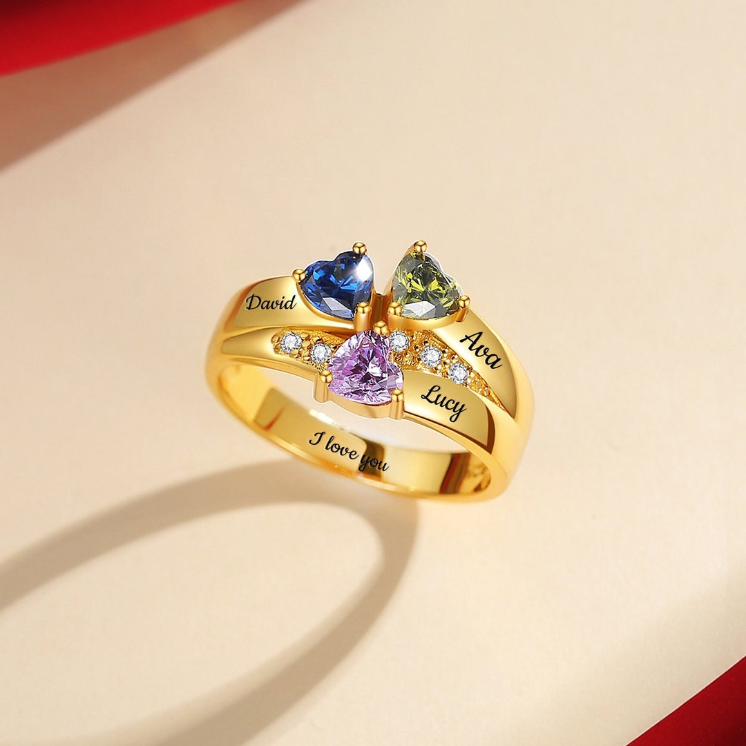 Personalized Heart Birthstone Ring, 3 Stone Engraved Names Ring, Family ...