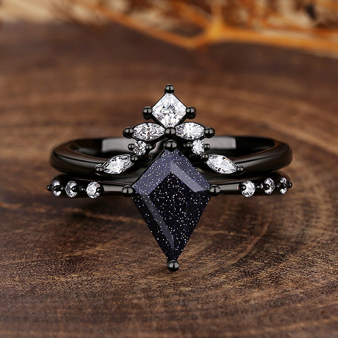 Galaxy Orion Nebula Ring for Women, Engagement Ring Set, Black Titanium ...