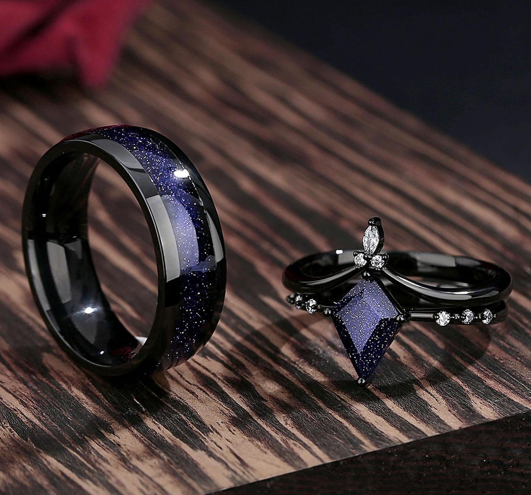 Matching Couple Rings Set – Blue Sandstone Nebula Inlay, Women's ...