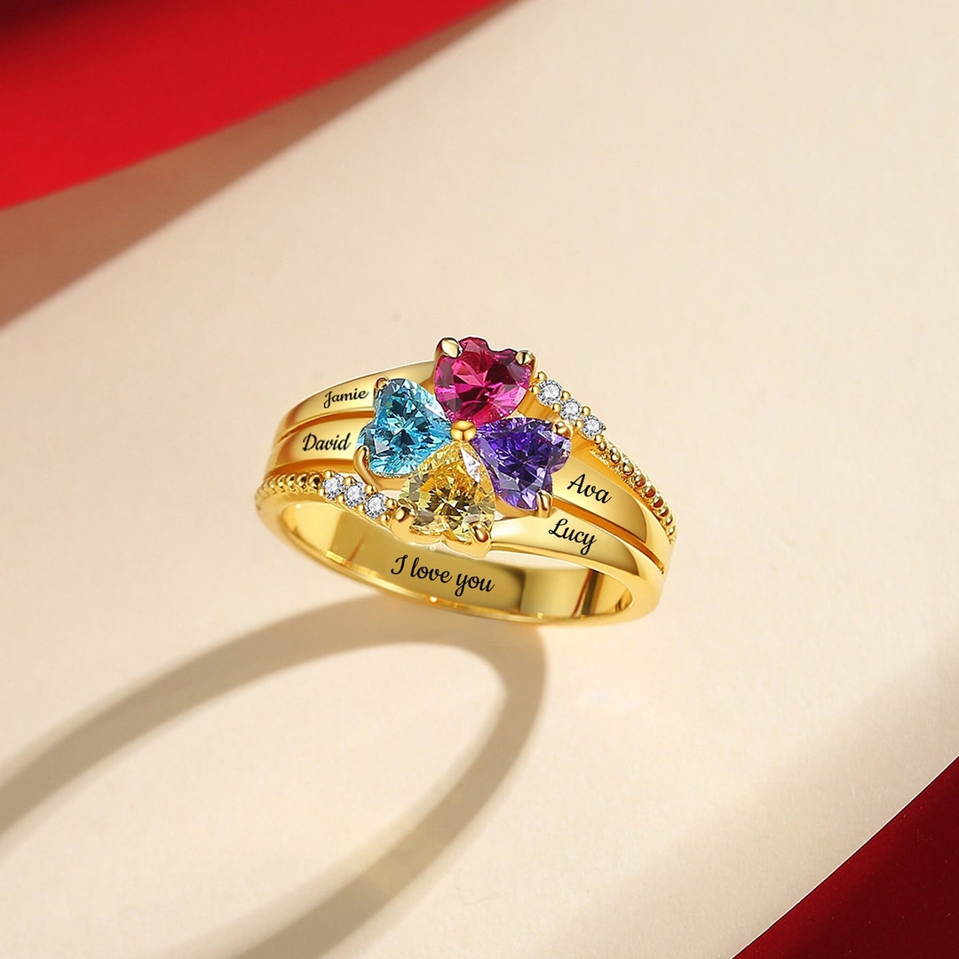 Personalized Heart Birthstone Ring, 4 Stone Engraved Names Ring, Family ...