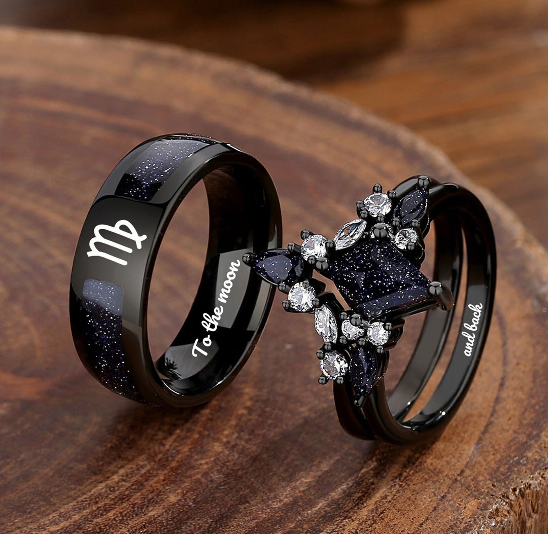 Nebula Couple's Ring Set, 3pc Wedding Band Set, Customize Constellations Rings, Blue Sandstone ...