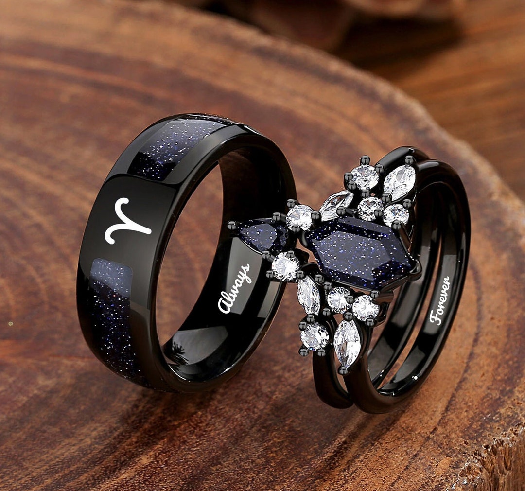 Nebula Couple's Ring Set, Hexagon Cut Blue Sandstone Ring,3pc Wedding Band Set,constellations ...