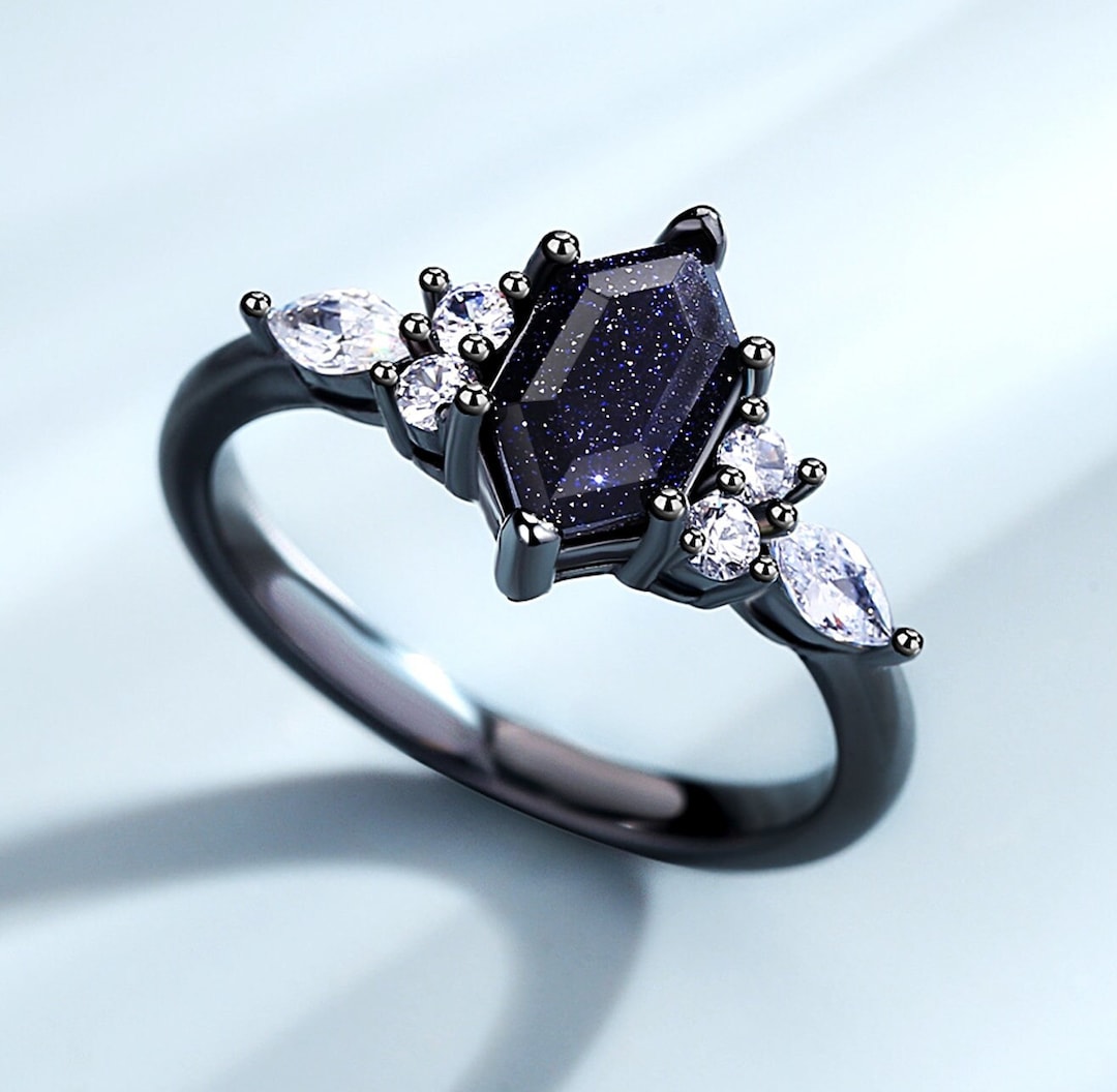 Handmade Black Plated Orion Nebula Ring, Hexagon Cut Blue Sandstone - Etsy